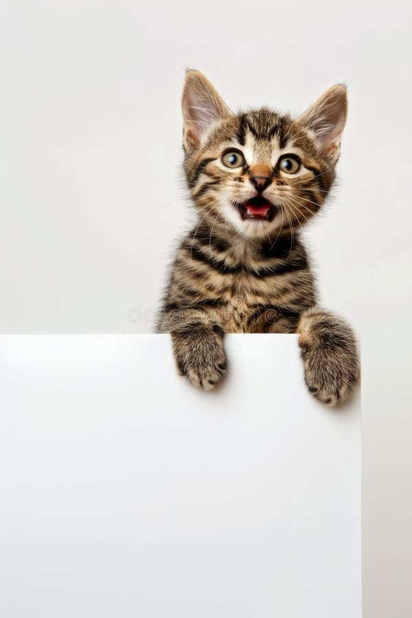 Adorable Tabby Cat Peeking Over Blank White Sign Isolated on White ...