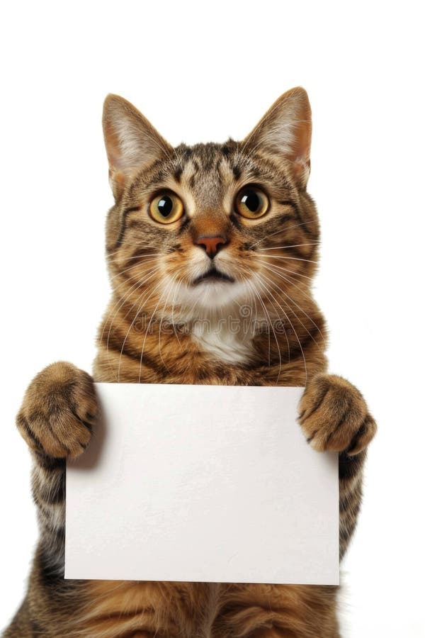 Adorable Tabby Cat Peeking Over Blank White Sign Isolated on White ...