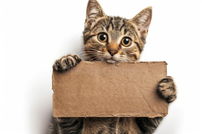 Adorable Tabby Cat Peeking Over Blank White Sign Isolated on White ...