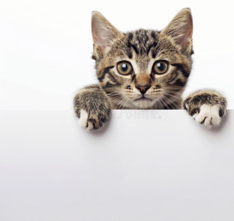 Adorable Tabby Cat Peeking Over Blank White Sign Isolated on White ...