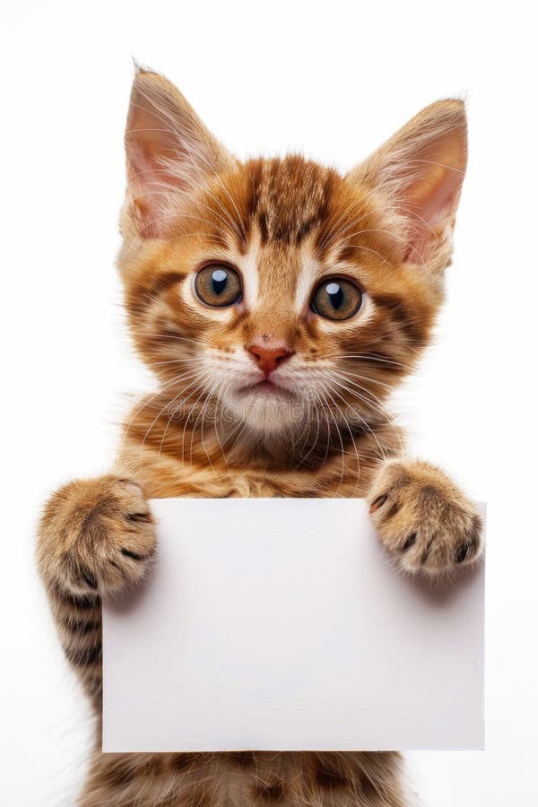 Adorable Tabby Cat Peeking Over Blank White Sign Isolated on White ...