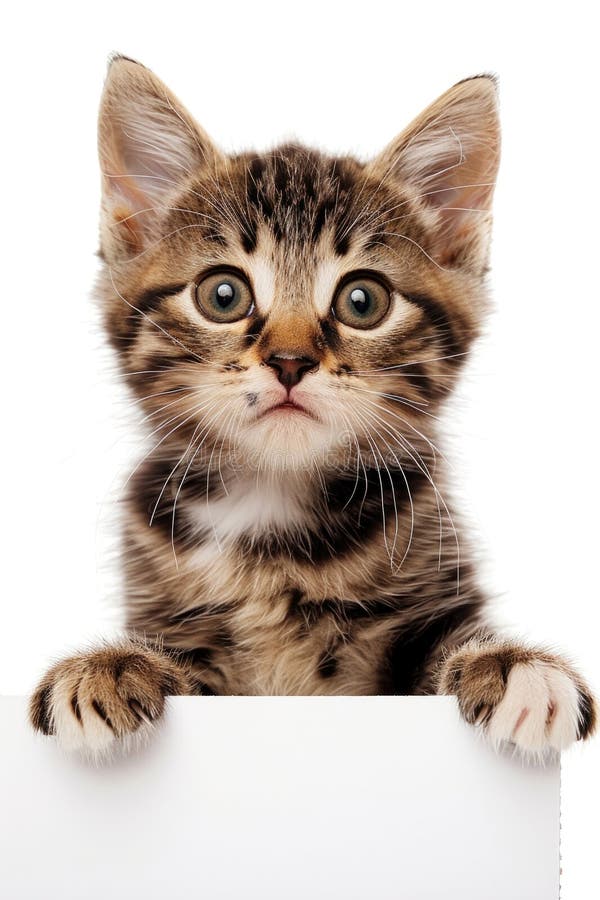 Adorable Tabby Cat Peeking Over Blank White Sign Isolated on White ...