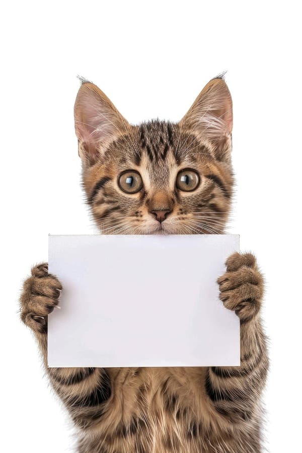 Adorable Tabby Cat Peeking Over Blank White Sign Isolated on White ...