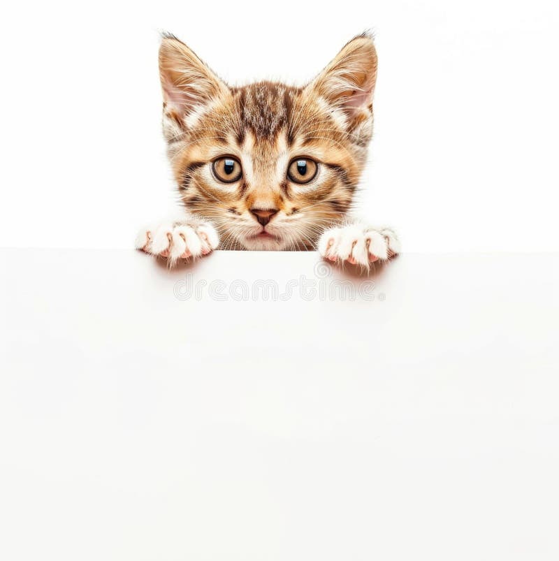 Adorable Tabby Cat Peeking Over Blank White Sign Isolated on White ...
