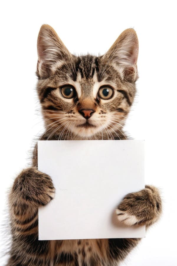 Adorable Tabby Cat Peeking Over Blank White Sign Isolated on White ...