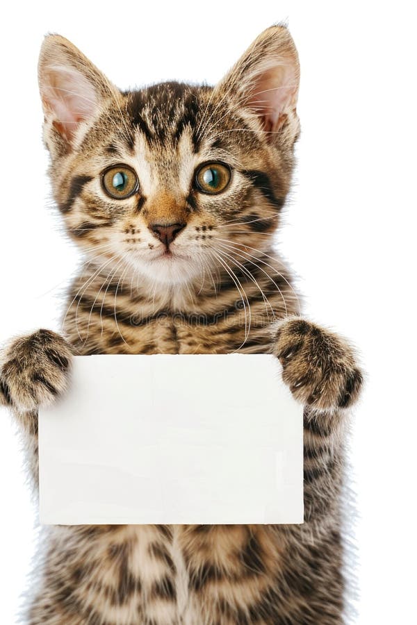 Adorable Tabby Cat Peeking Over Blank White Sign Isolated on White ...