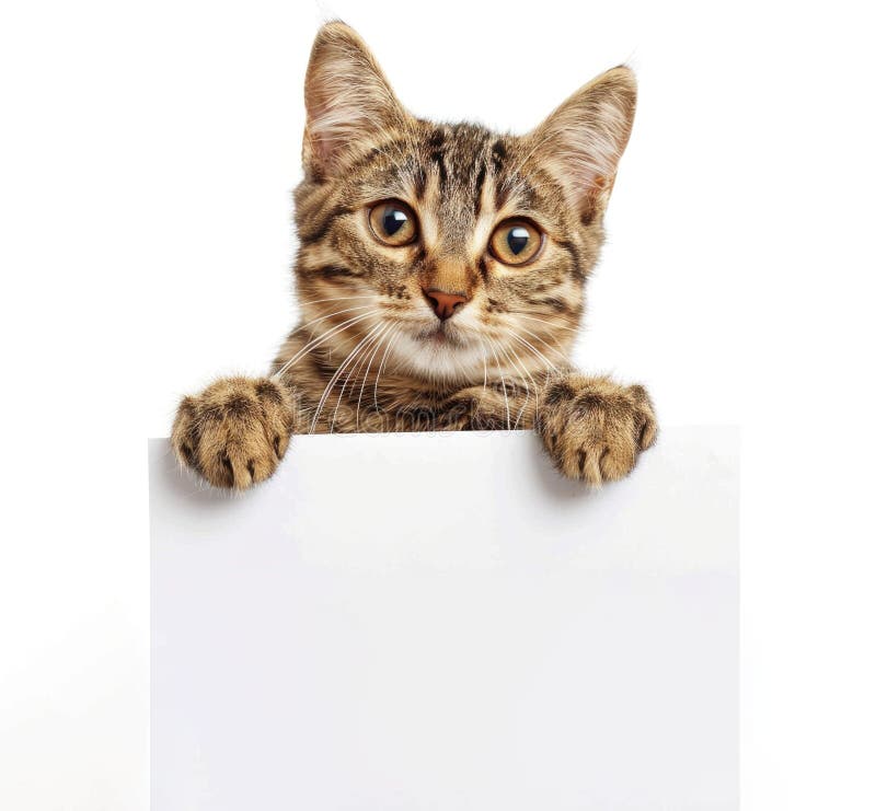 Adorable Tabby Cat Peeking Over Blank White Sign Isolated on White ...