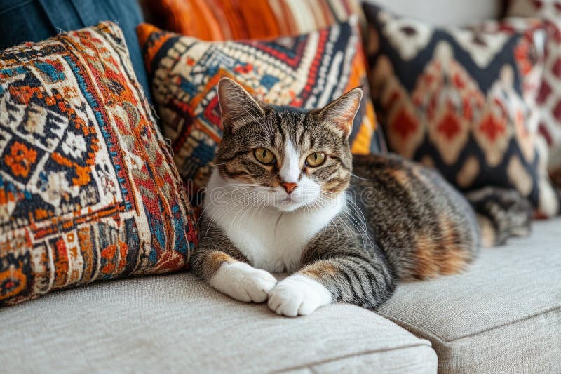 Adorable Tabby Cat Resting on a Comfortable Sofa with Vibrant ...