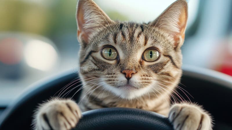 Adorable Tabby Cat Sitting Behind Steering Wheel with Curious ...