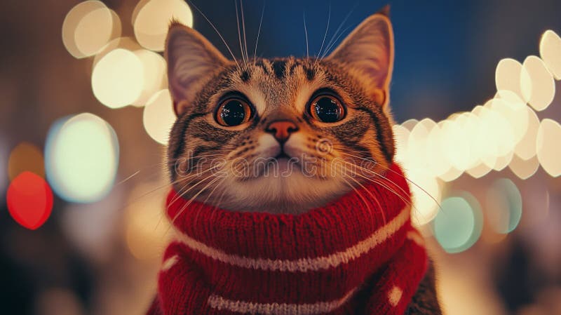 Adorable Tabby Cat Wearing a Red Scarf at Night Stock Illustration ...