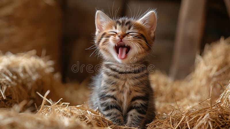 Adorable Tabby Kitten with Mouth Open, Sitting in Hay Stock ...