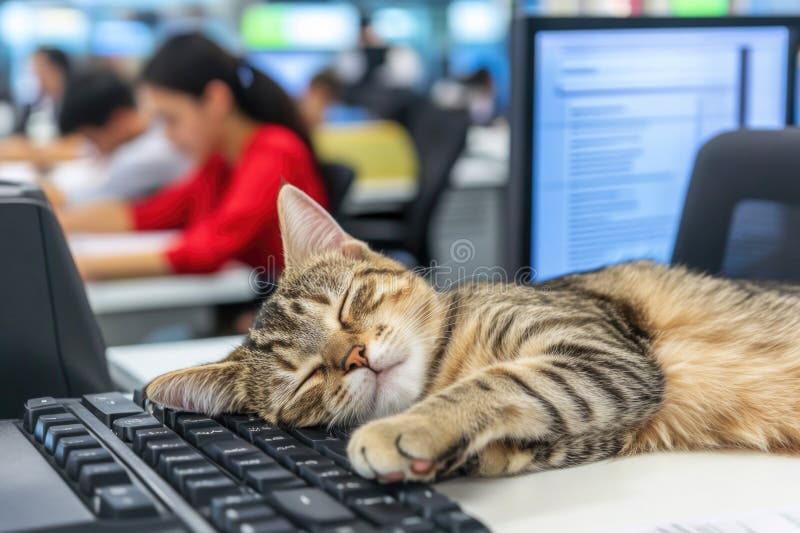 Adorable Tabby Kitten Sleeping on Computer Keyboard in Busy Office ...