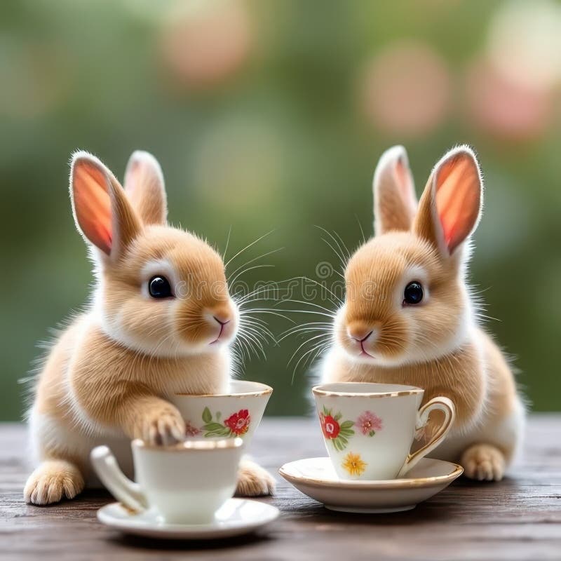 Adorable Teacup Bunny Pair Sipping from Miniature Cups Stock Photo ...