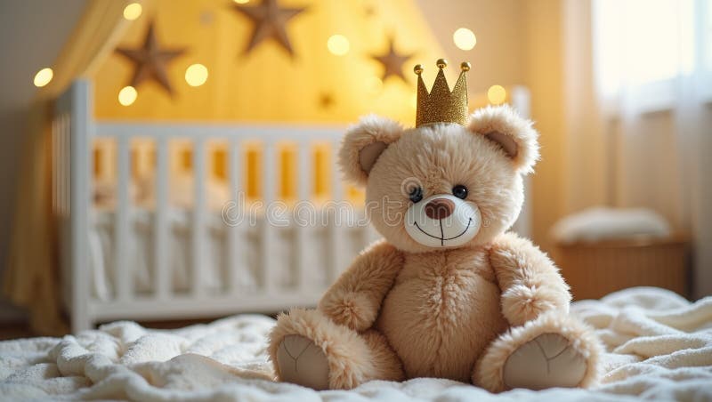 Adorable Teddy Bear with Crown on Star Blanket in Cozy Nursery Stock ...