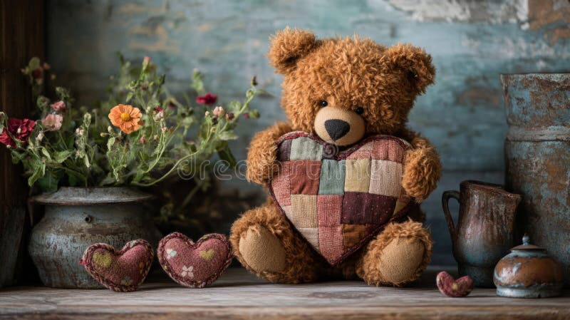 Adorable Teddy Bear with Patchwork Heart Amidst Rustic Still Life Stock ...