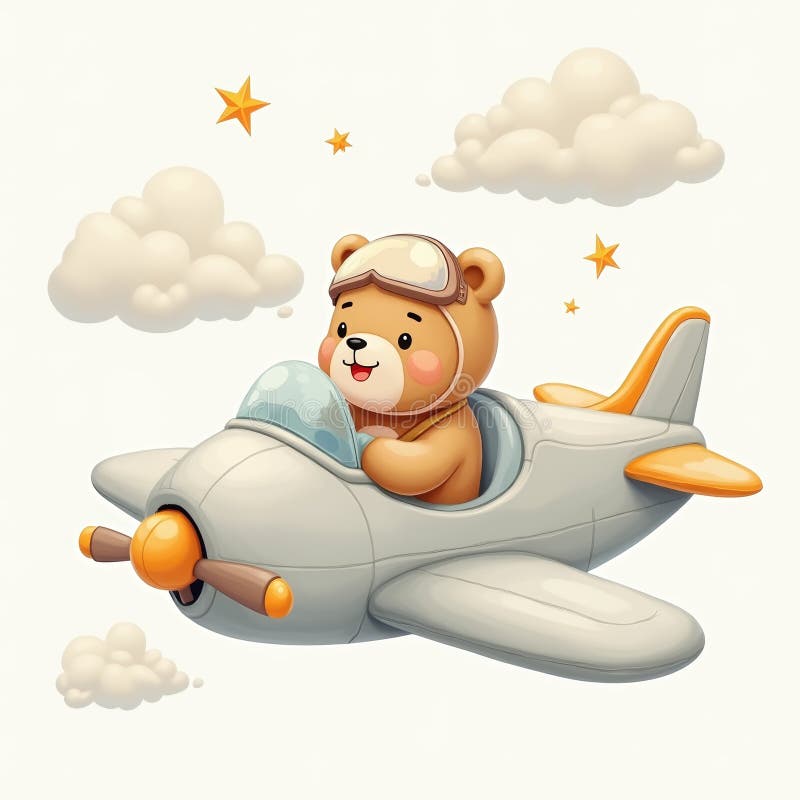 Adorable Teddy Bear Pilot Flying a Cute Airplane among Fluffy Clouds ...
