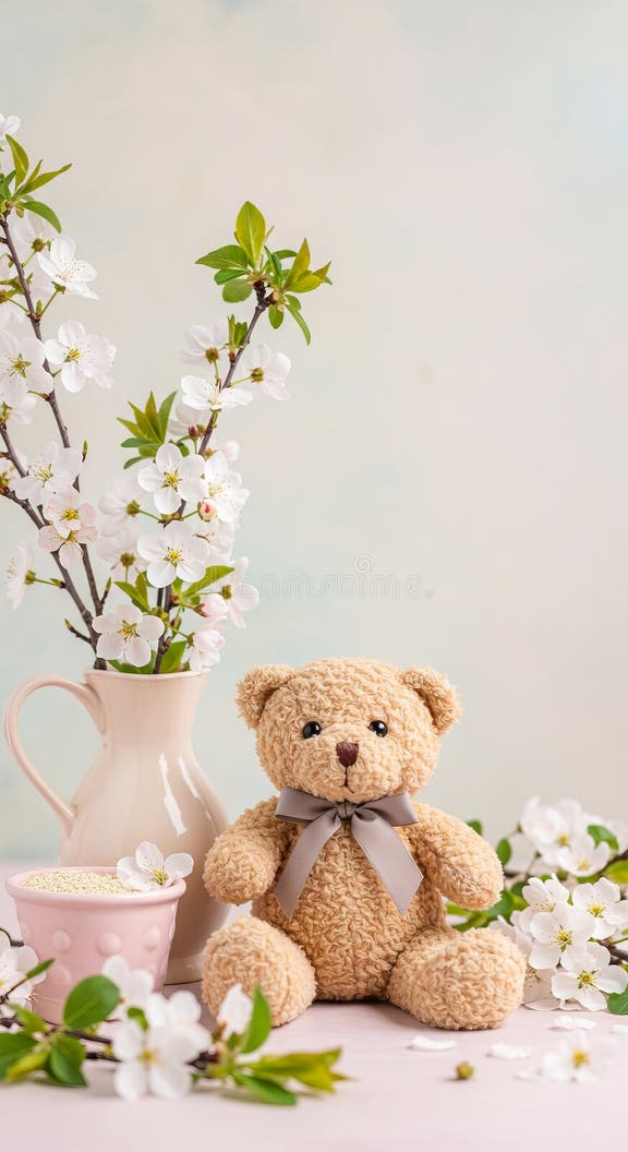 Adorable Teddy Bear beside Spring Blossoms in Pastel Vase Setting Stock ...