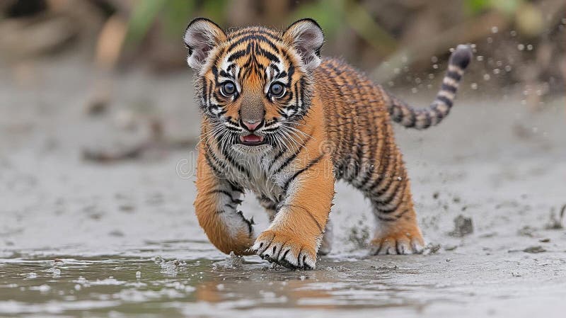 Adorable Tiger Cub Running through Mud and Water Stock Image - Image of ...