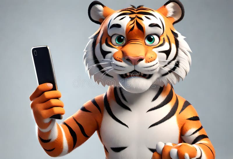 Adorable Tiger with Mobile Phone Stock Illustration - Illustration of ...