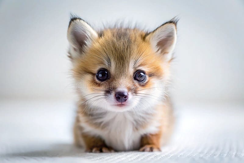 Adorable Tiny Fox Kit with Big Eyes, Fluffy Fur, Sitting on White ...