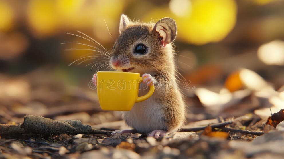 Adorable Tiny Mouse Drinking from Yellow Cup Outdoors Stock ...