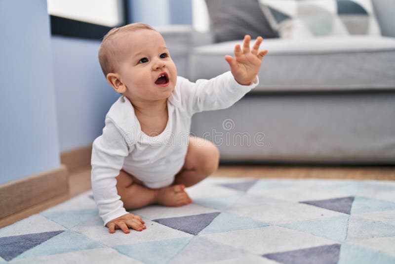 Adorable Toddler Crowling on Floor at Home Stock Photo - Image of ...