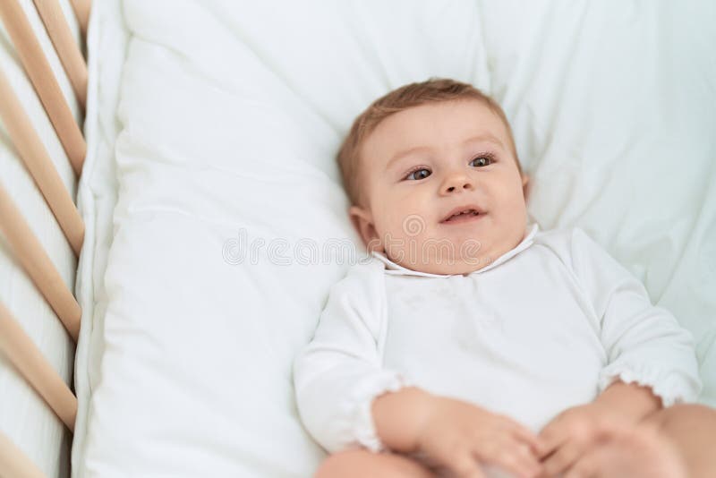 Adorable Toddler Smiling Confident Lying on Cradle at Bedroom Stock ...