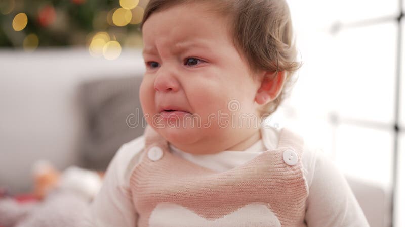 Adorable Toddler Standing by Christmas Tree Crying at Home Stock Image ...