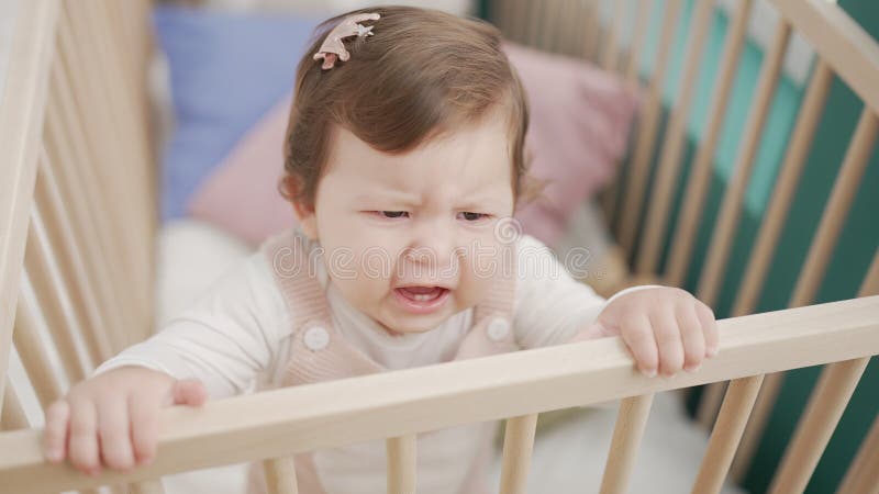 Adorable Toddler Standing on Cradle Crying at Bedroom Stock Photo ...