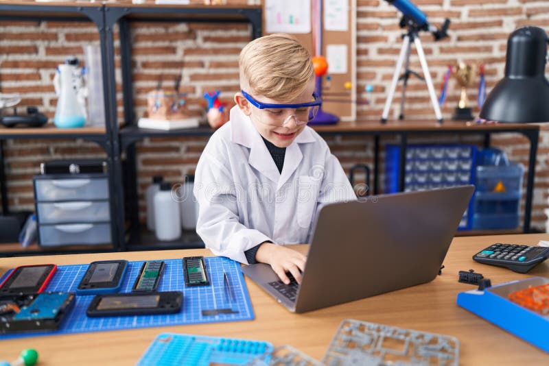 Adorable Toddler Student Smiling Confident Using Laptop at Classroom ...