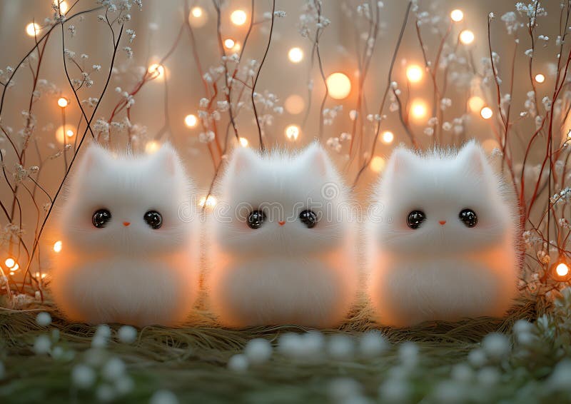 Adorable Trio of Fluffy Creatures in Magical Light Setting. Stock ...