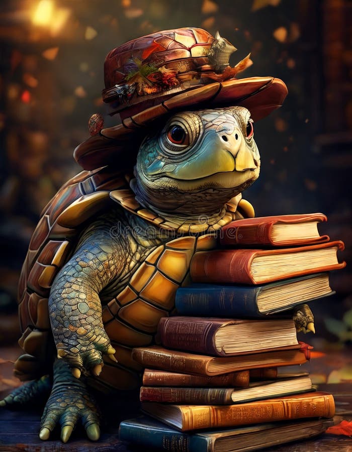 Adorable Turtle in Hat with Books in Cozy Setting Stock Photo - Image ...