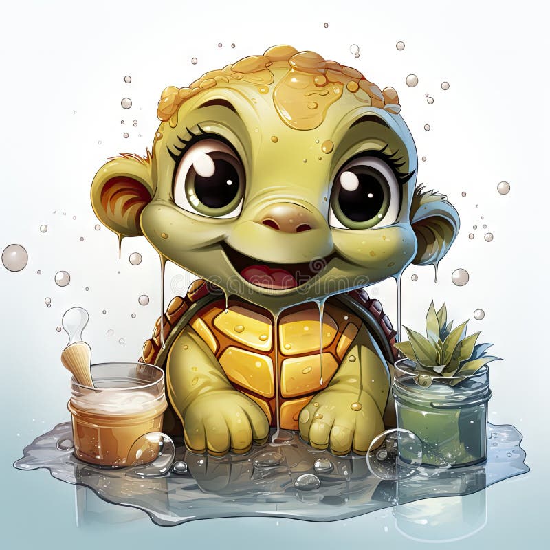 Adorable Turtle Sipping Cool Drinks, Surrounded by Water Bubbles, in a ...