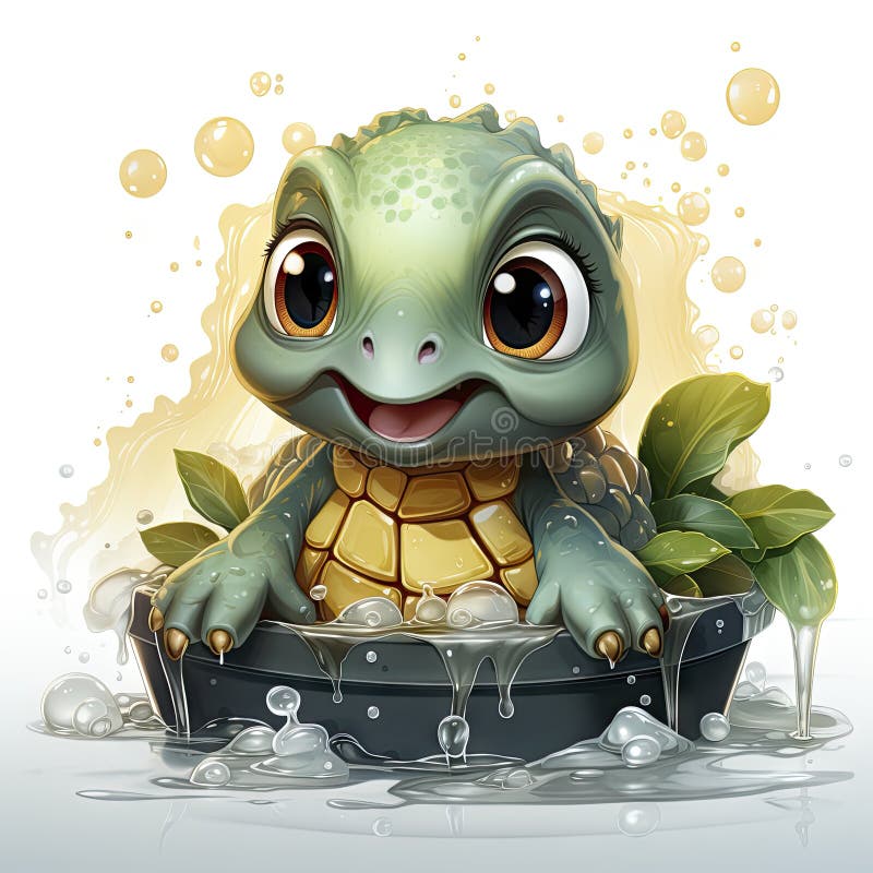 Adorable Turtle Sipping Cool Drinks, Surrounded by Water Bubbles, in a ...