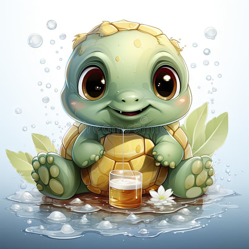 Adorable Turtle Sipping Cool Drinks, Surrounded by Water Bubbles, in a ...