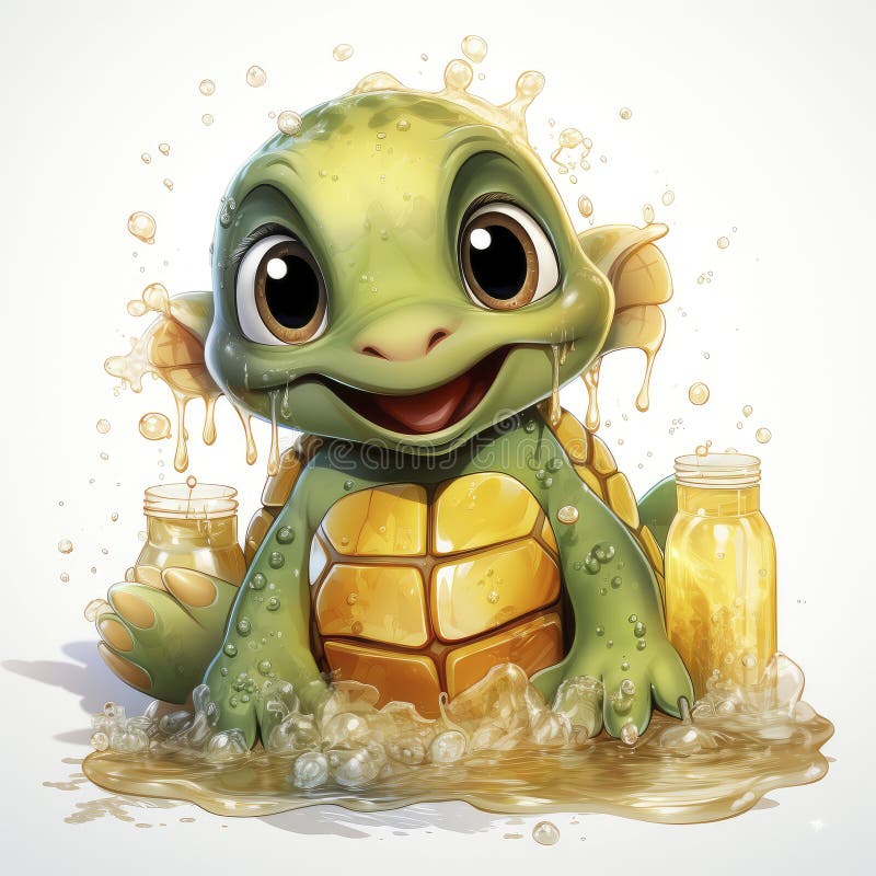 Adorable Turtle Sipping Cool Drinks, Surrounded by Water Bubbles, in a ...