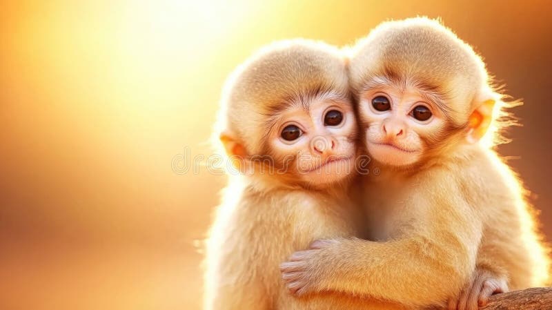 Adorable Twin Monkeys Embracing at Sunset with Warm Glow Stock Photo ...