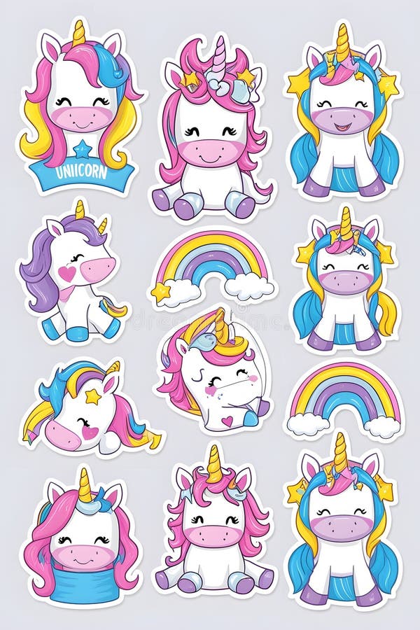 Adorable Unicorn Sticker Sheet Cute and Colorful Fun Stock Illustration ...