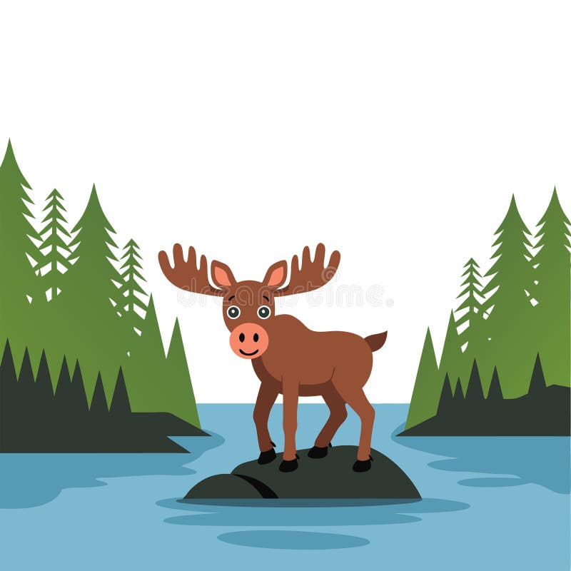 Cute Moose Standing on River Rock in Forest Vector Illustration Stock ...