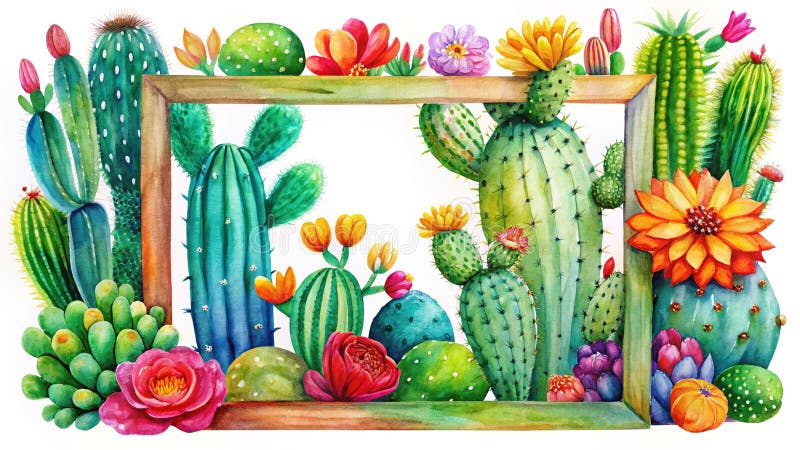 Adorable Watercolor Cactus Rectangular Frame a Vibrant Summer Design ...
