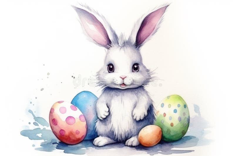 Adorable Watercolor Easter Bunny in Cartoon Style Stock Illustration ...