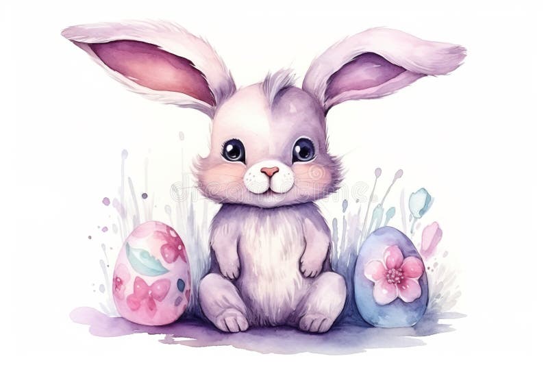Adorable Watercolor Easter Bunny in Cartoon Style Stock Illustration ...