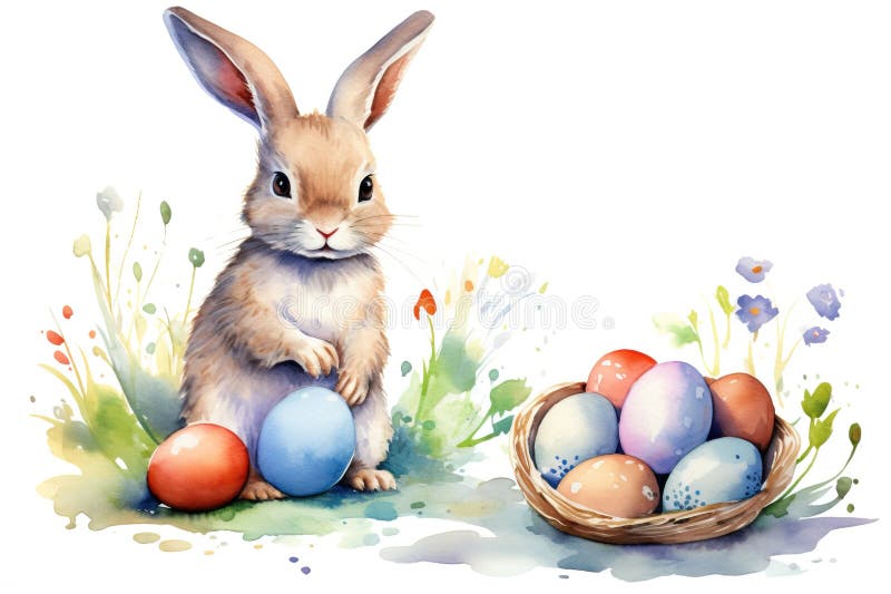 Adorable Watercolor Easter Bunny in Cartoon Style Stock Illustration ...