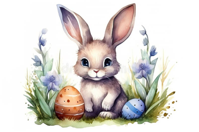 Adorable Watercolor Easter Bunny in Cartoon Style Stock Illustration ...
