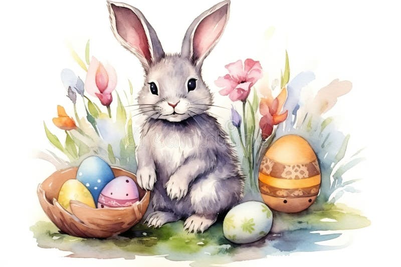 Adorable Watercolor Easter Bunny in Cartoon Style Stock Illustration ...