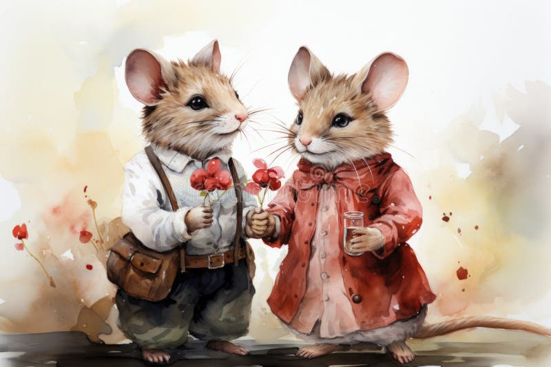 Adorable Watercolor Mice Enjoying a Romantic Moment. Stock Photo ...
