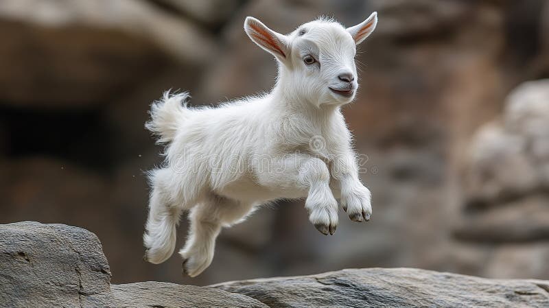 Adorable White Baby Goat Leaping Stock Photo - Image of leap, pounce ...