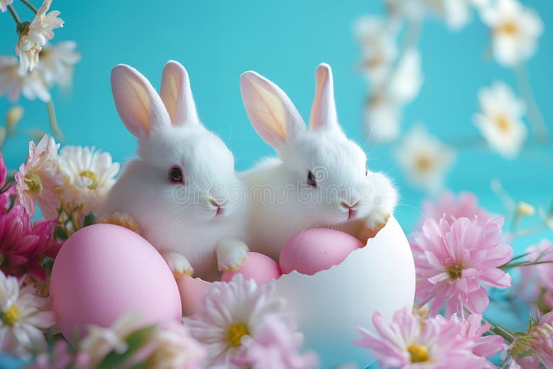 Adorable White Baby Rabbits in Easter Eggshell with Pink Flowers Stock ...