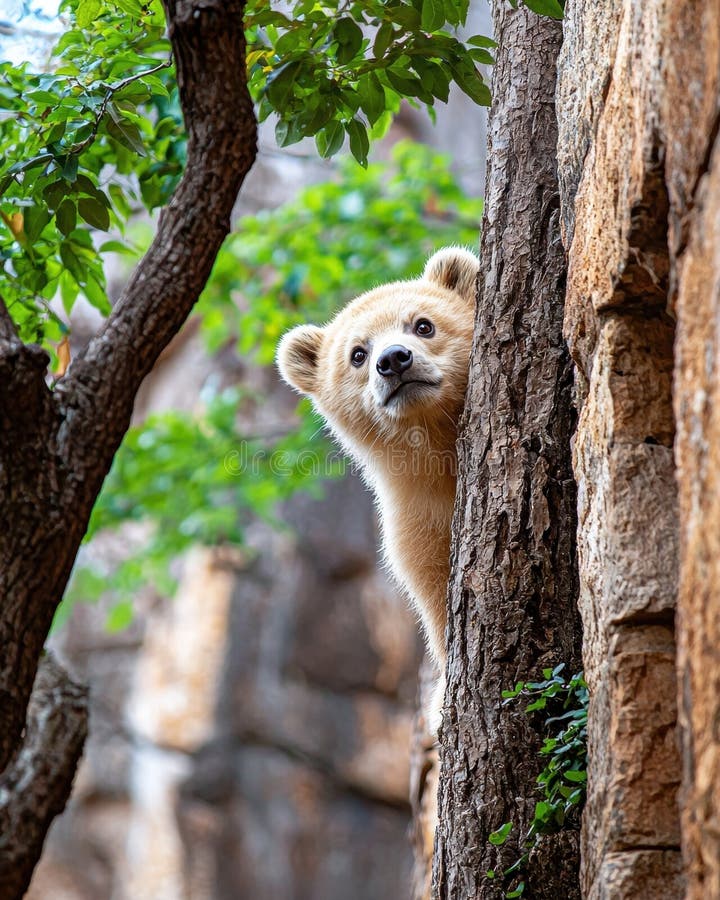 Adorable White Bear Cub Peeking from Behind a Tree Stock Illustration ...