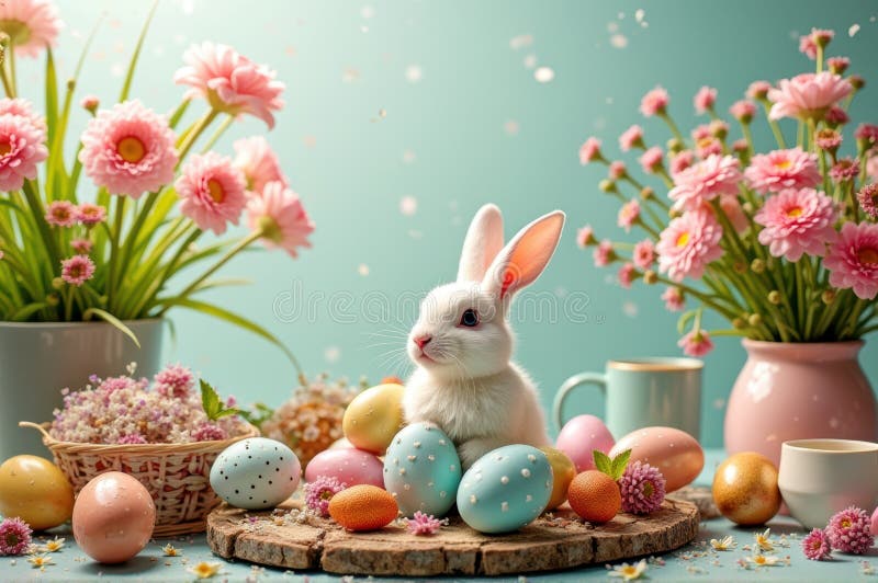 White Easter Bunny Amongst Pastel Eggs Flowers Stock Photos - Free ...